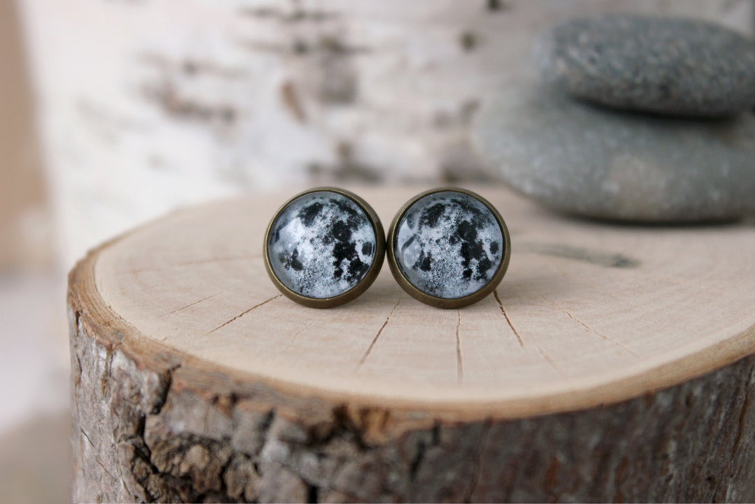 Full Moon Stud Earrings | Full Moon Jewelry | Antique Bronze Design | Space Earrings in Glass ...