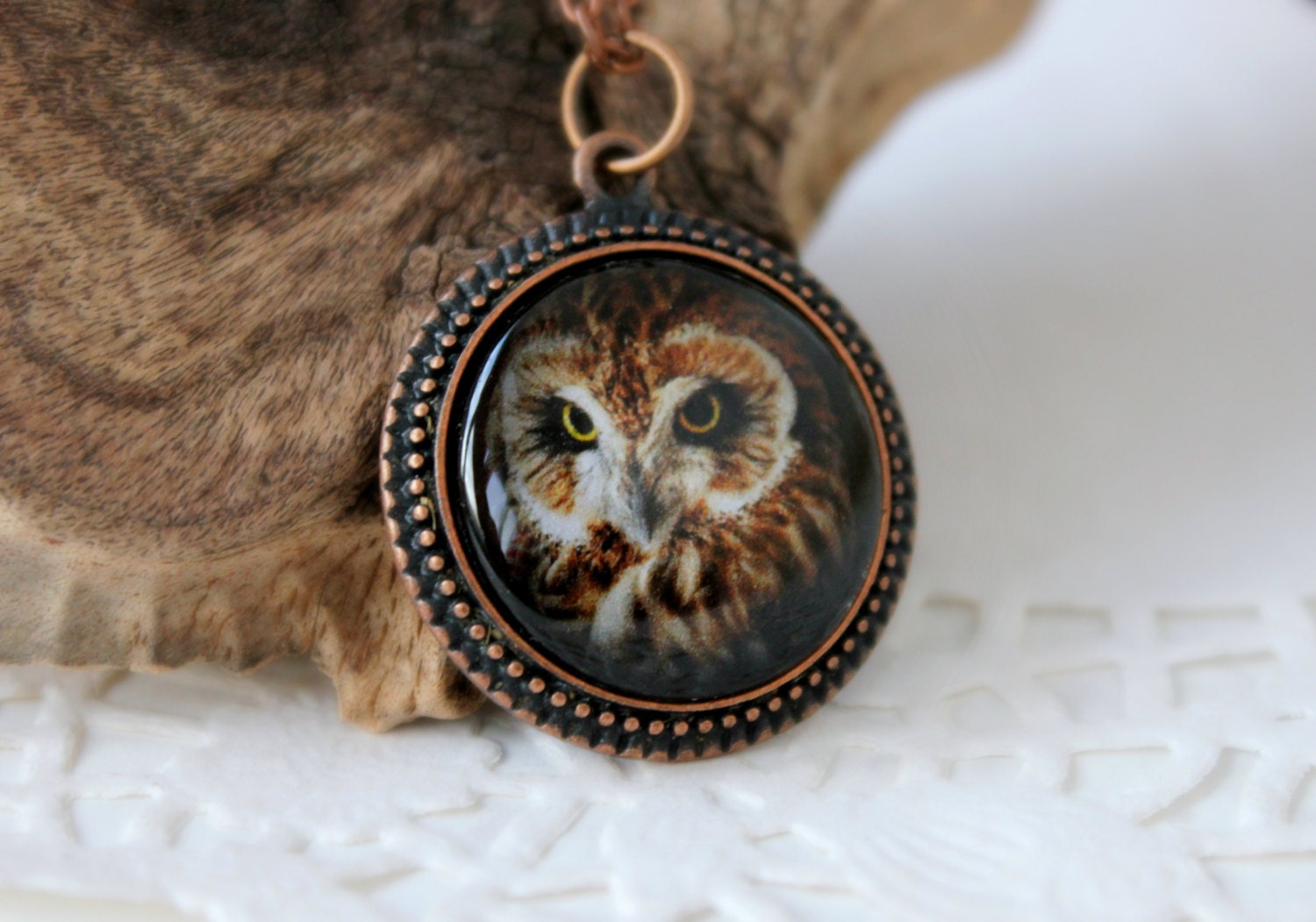 Owl Amulet, Antique Copper Pendant, Glass Cabochon Pendant With Chain ...