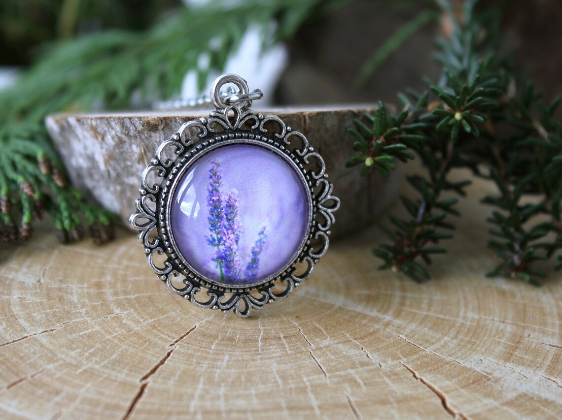 Lavender Necklace Lavender Pendant Silver Tone Necklace - Etsy Sweden