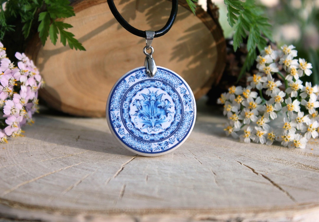 Russian Folk Art Pendant | Blue and White Pattern Necklace | Russian ...