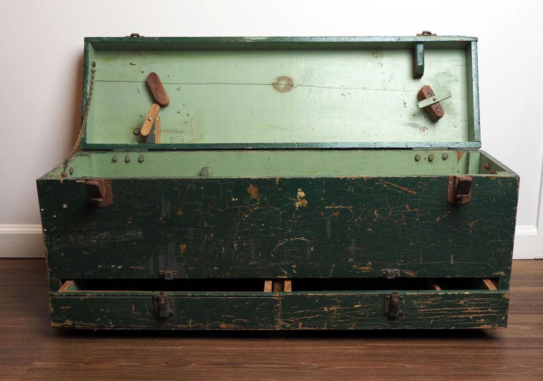 Vintage Green Primitive Wooden Trunk With Drawer · Rustic Farmhouse ...