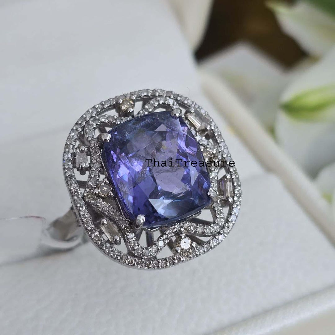 Natural Solitaire Tanzanite & Diamond Sterling 925 Silver Ring, Bridal ...