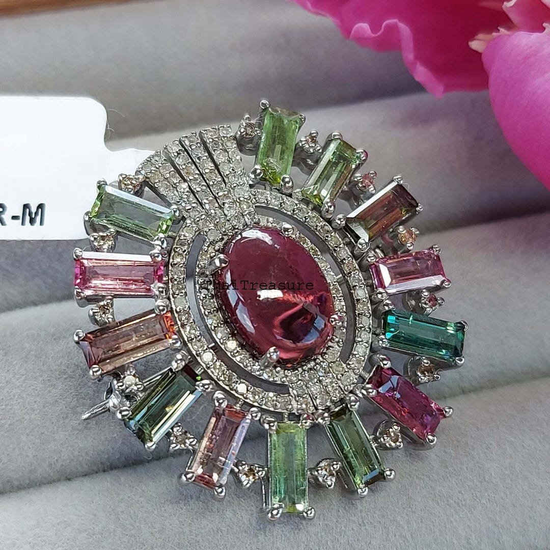 Natural Multi Tourmaline & Diamond Brooch Pin, 925 Sterling Silver Halo ...
