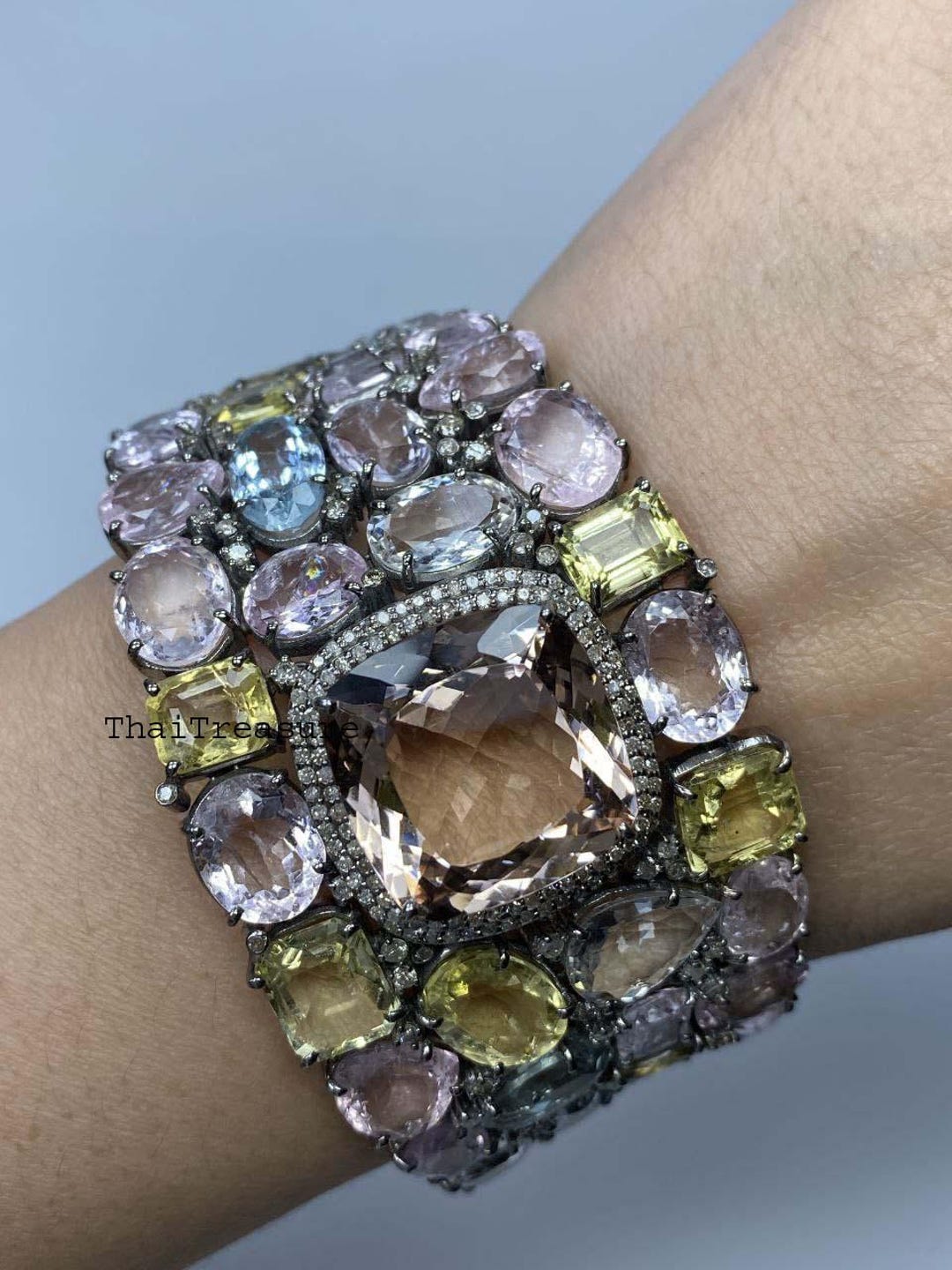 Natural Morganite, Aquamarine, Heliodor & Diamond Handmade Sterling 925 ...