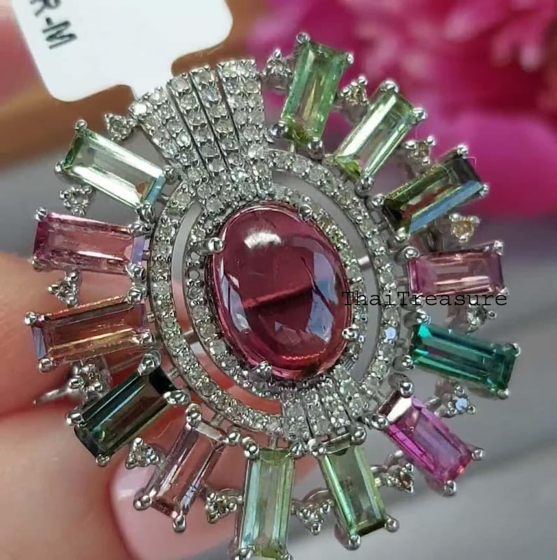 Natural Multi Tourmaline & Diamond Brooch Pin, 925 Sterling Silver Halo ...