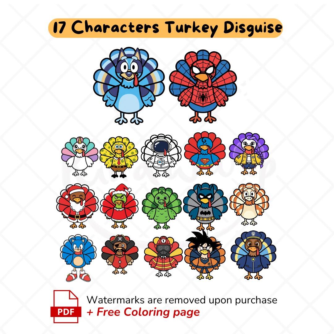 Turkey Disguise Printable Bundle – 17 Character Costumes for Kids ...