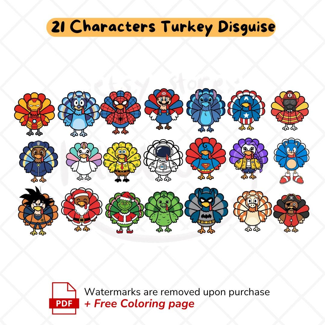 Turkey Disguise Printable Bundle – 21 Character Costumes for Kids ...