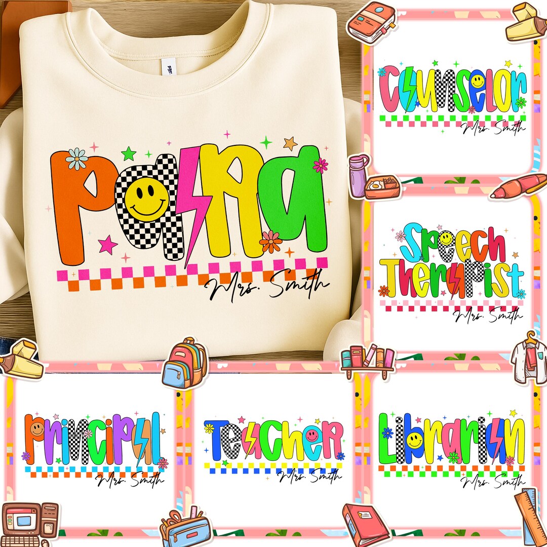 Custom Preppy Teacher PNG Bundle, Rainbow Counselor Para Librarian ...