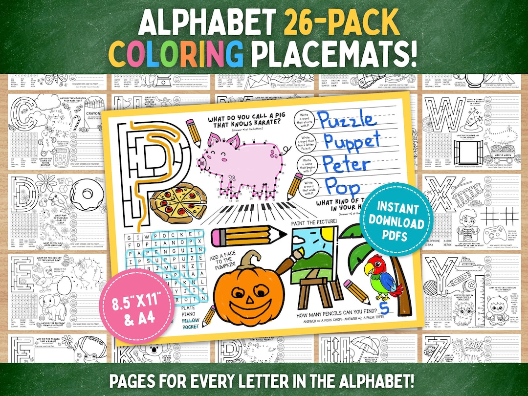 Kids Activity Placemats, Coloring Placemats, Alphabet Activity Sheets ...
