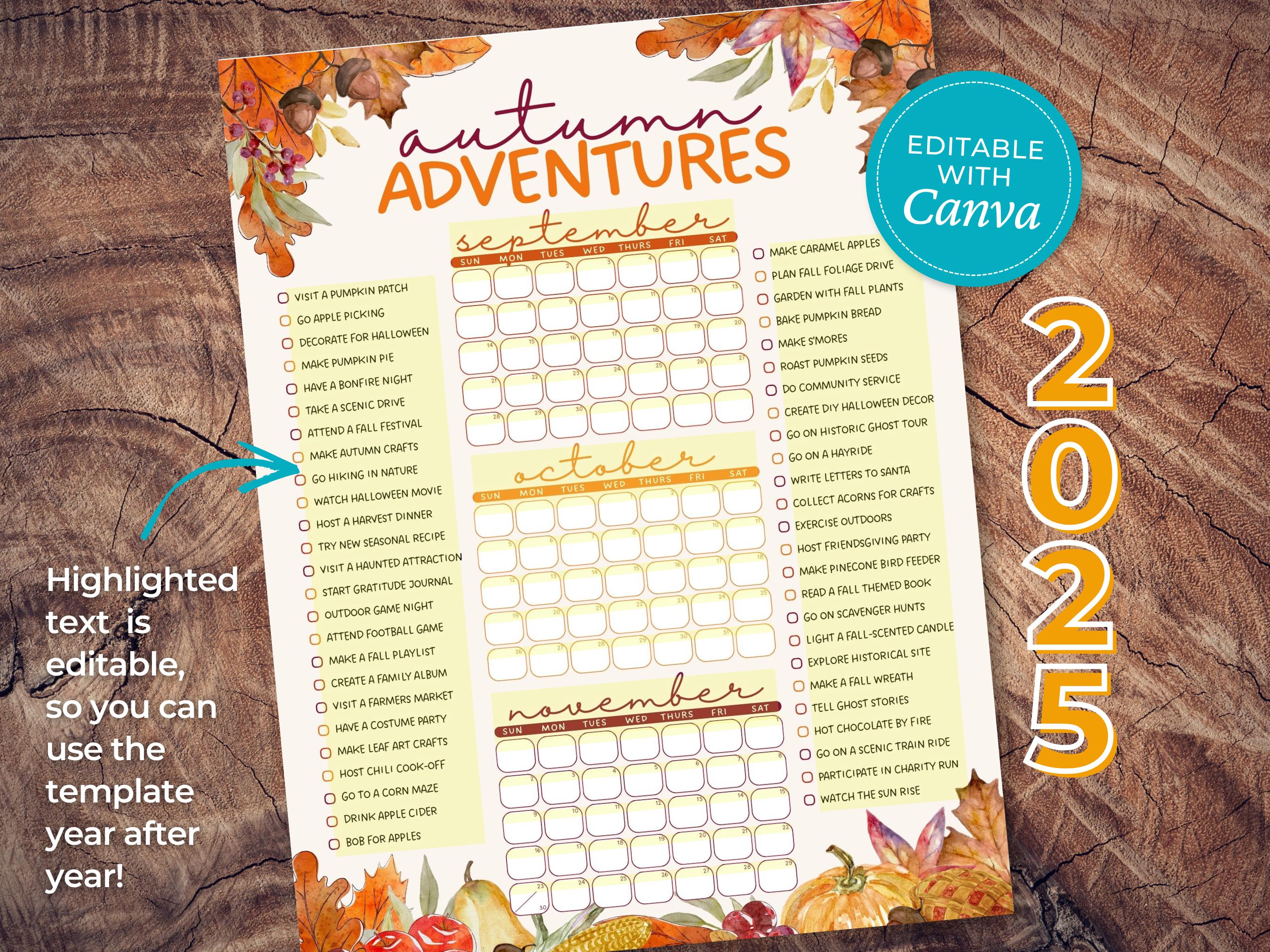 Editable Fall Bucket List Calendar, Printable | Autumn Family Fun ...