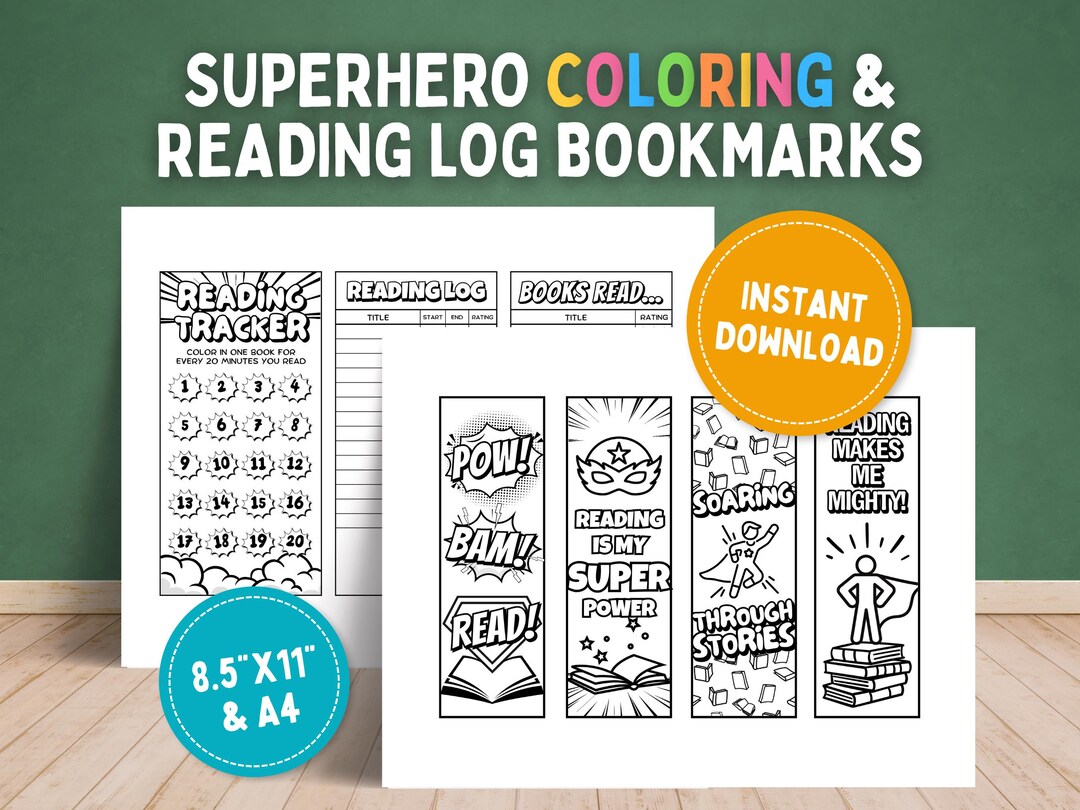 Superhero Coloring Bookmarks & Reading Logs: Book Rating, Teacher ...