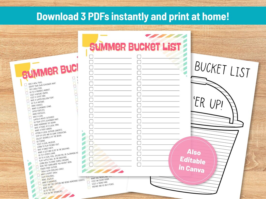 Summer Bucket List Printable, Editable Bucket List for Kids, Summer ...