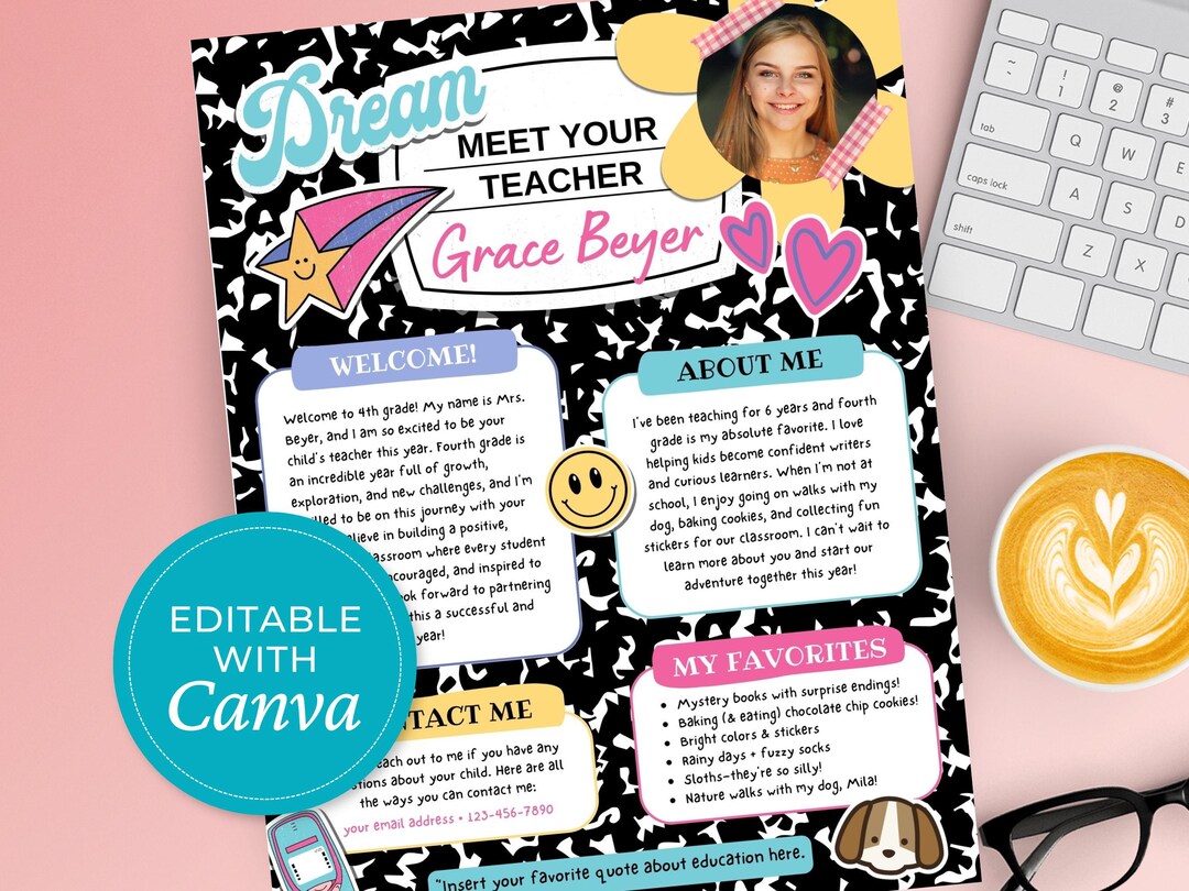 Meet the Teacher Template Composition Notebook Theme | Editable Back to ...