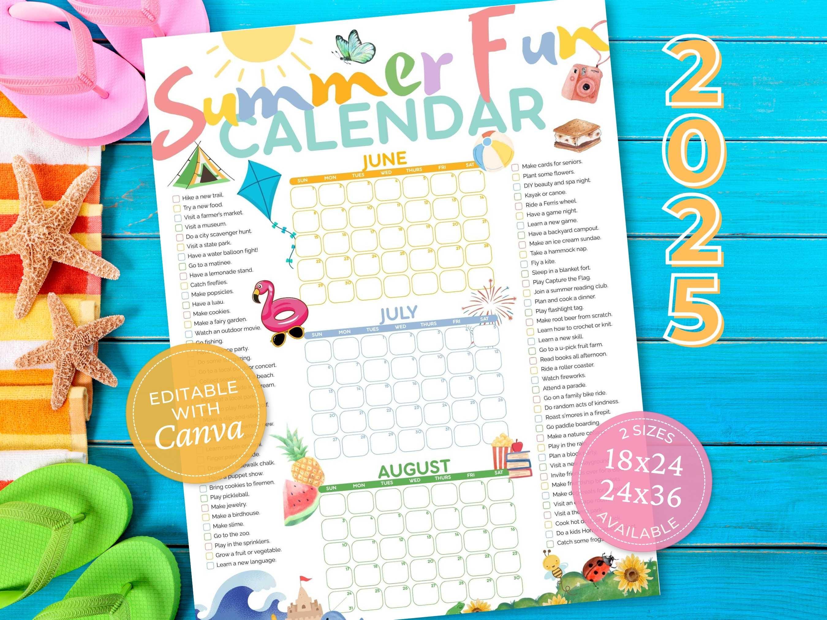 Printable Summer Bucket List: Kids Activities Calendar, Editable Canva ...