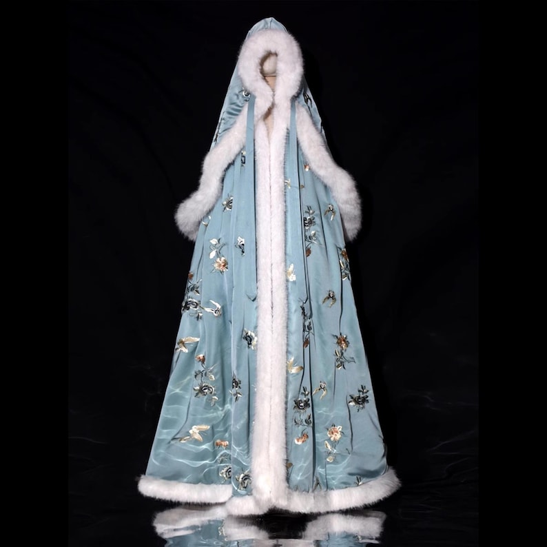 Embroidered Cape, Blue Fleece-lined Cape With Fur Collar, Traditional ...