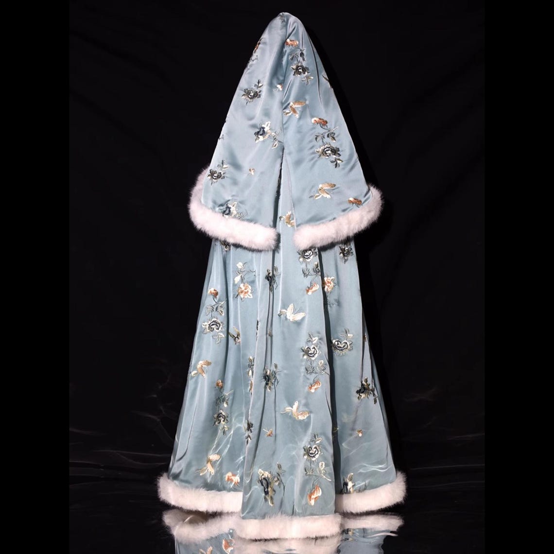 Embroidered Cape, Blue Fleece-lined Cape With Fur Collar, Traditional ...