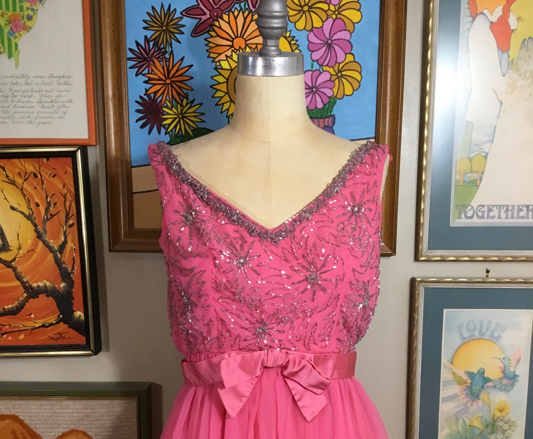 Ruth Mook 1960’s Pink Chiffon, Beads & Rhinestone Party Dress - Etsy