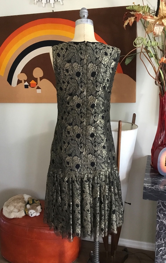 Caroline Charles London 1980’s Black & Gold Lace Dress - Gem