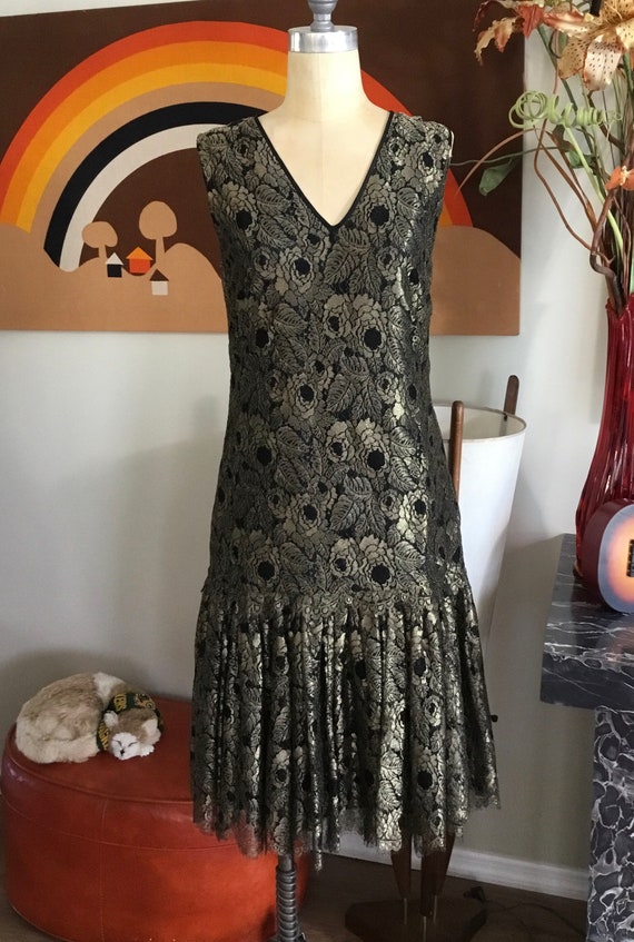 Caroline Charles London 1980’s Black & Gold Lace Dress - Gem