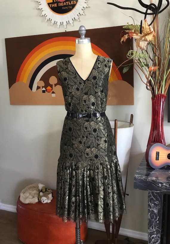 Caroline Charles London 1980’s Black & Gold Lace Dress - Gem