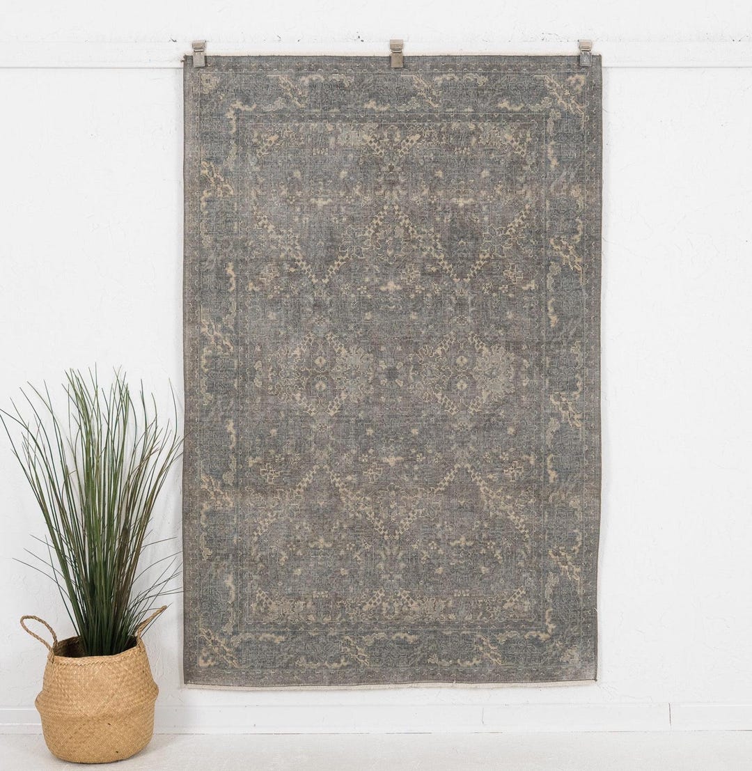 4x6 Wool Rug - Gray, Beige - Turkish, Oushak - Ideal for Living Room ...