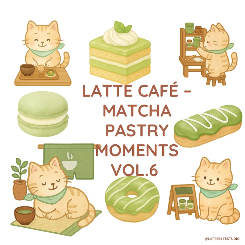 Kawaii Matcha Cat Clip Art: Japanese Sweets, Watercolor PNG (digital ...