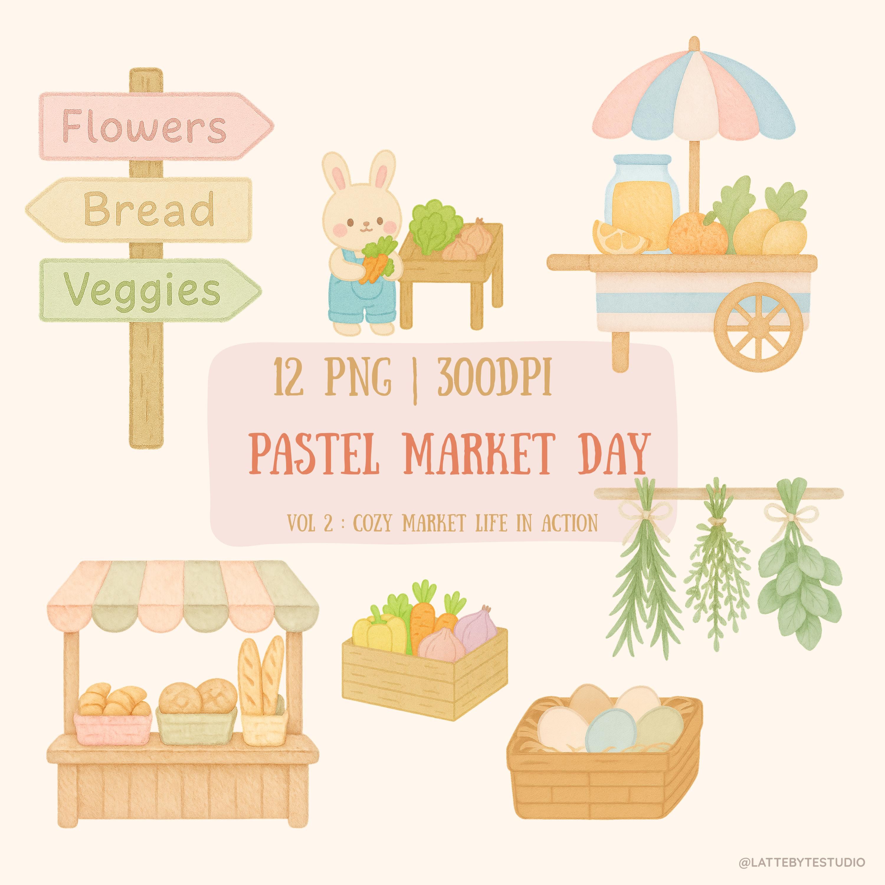 Pastel Farmers Market Clipart: Kawaii Watercolor Stickers (PNG Digital ...
