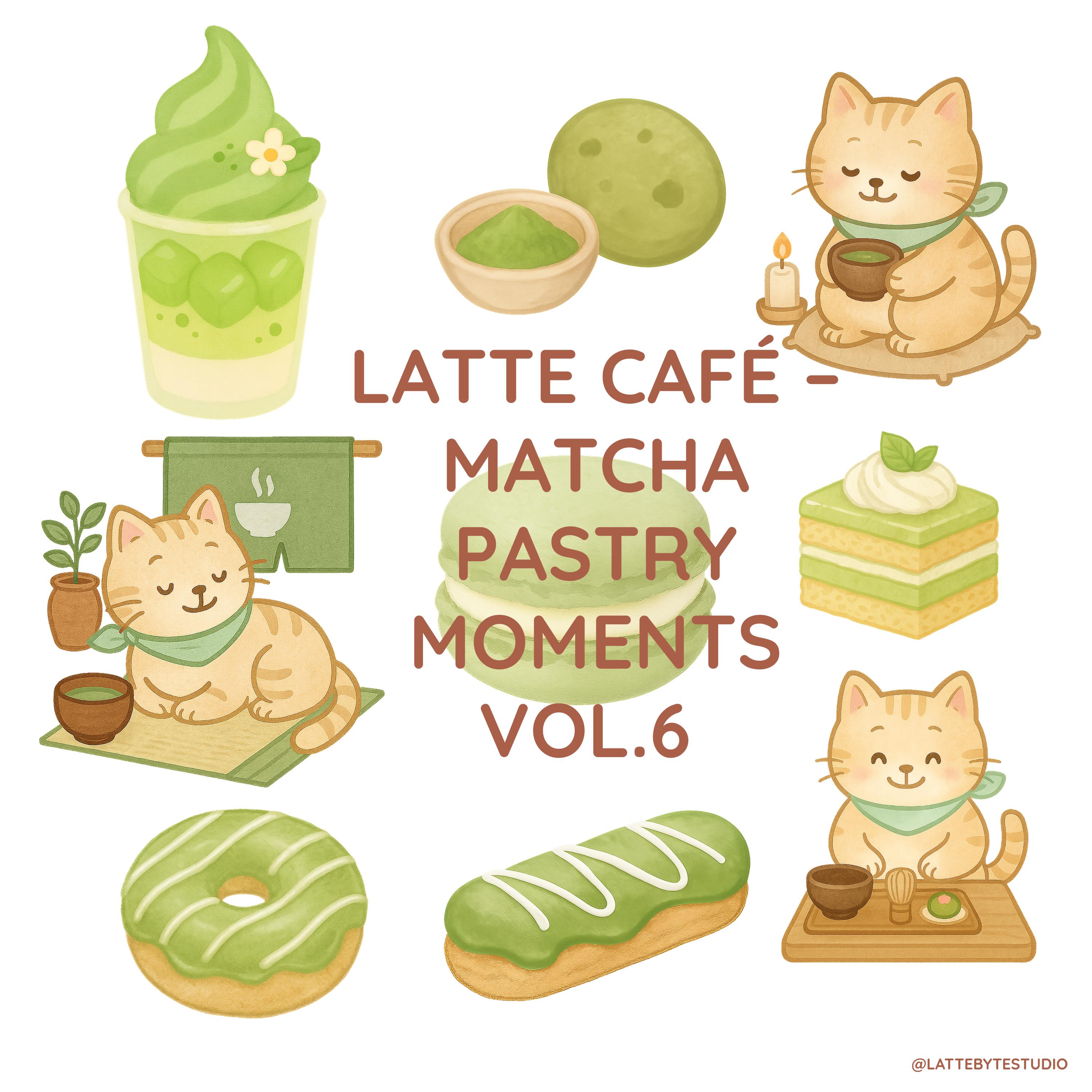 Kawaii Matcha Cat Clip Art: Japanese Sweets, Watercolor PNG (digital ...