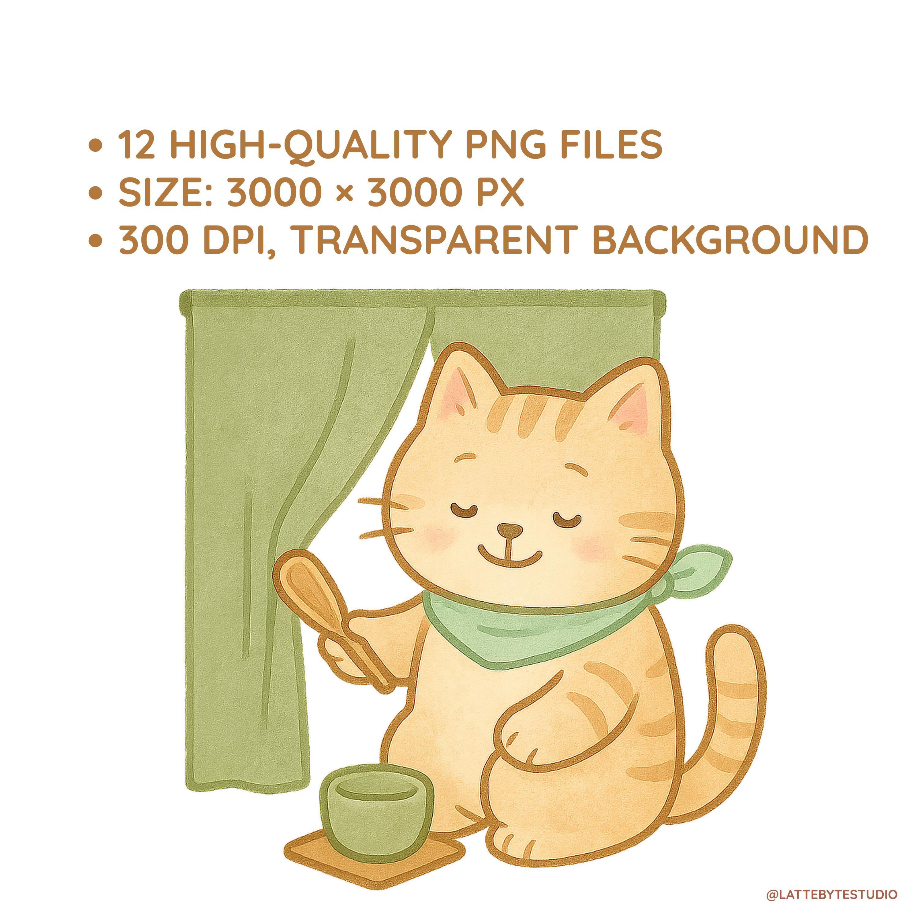 Kawaii Matcha Cat Clip Art: Japanese Sweets, Watercolor PNG (digital ...