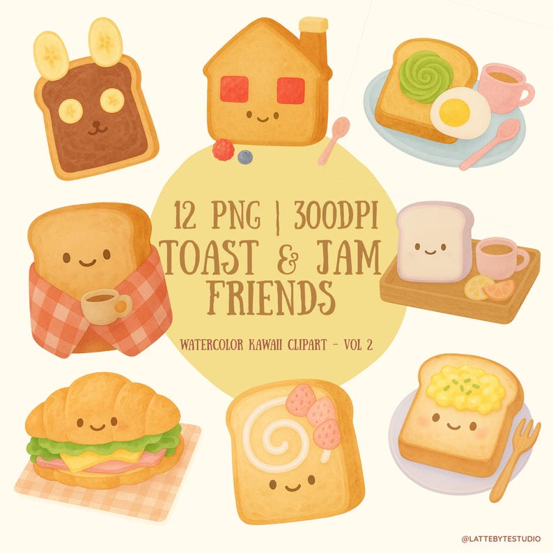 Kawaii Toast Clipart: Watercolor Breakfast Food PNG (digital Download ...