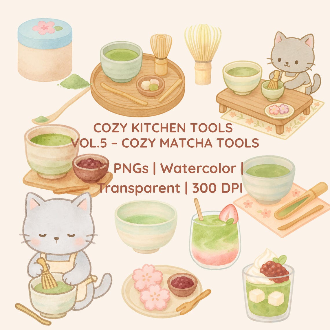 Kawaii Matcha Tea Clipart Bundle: Watercolor Japanese Green Tea PNG ...