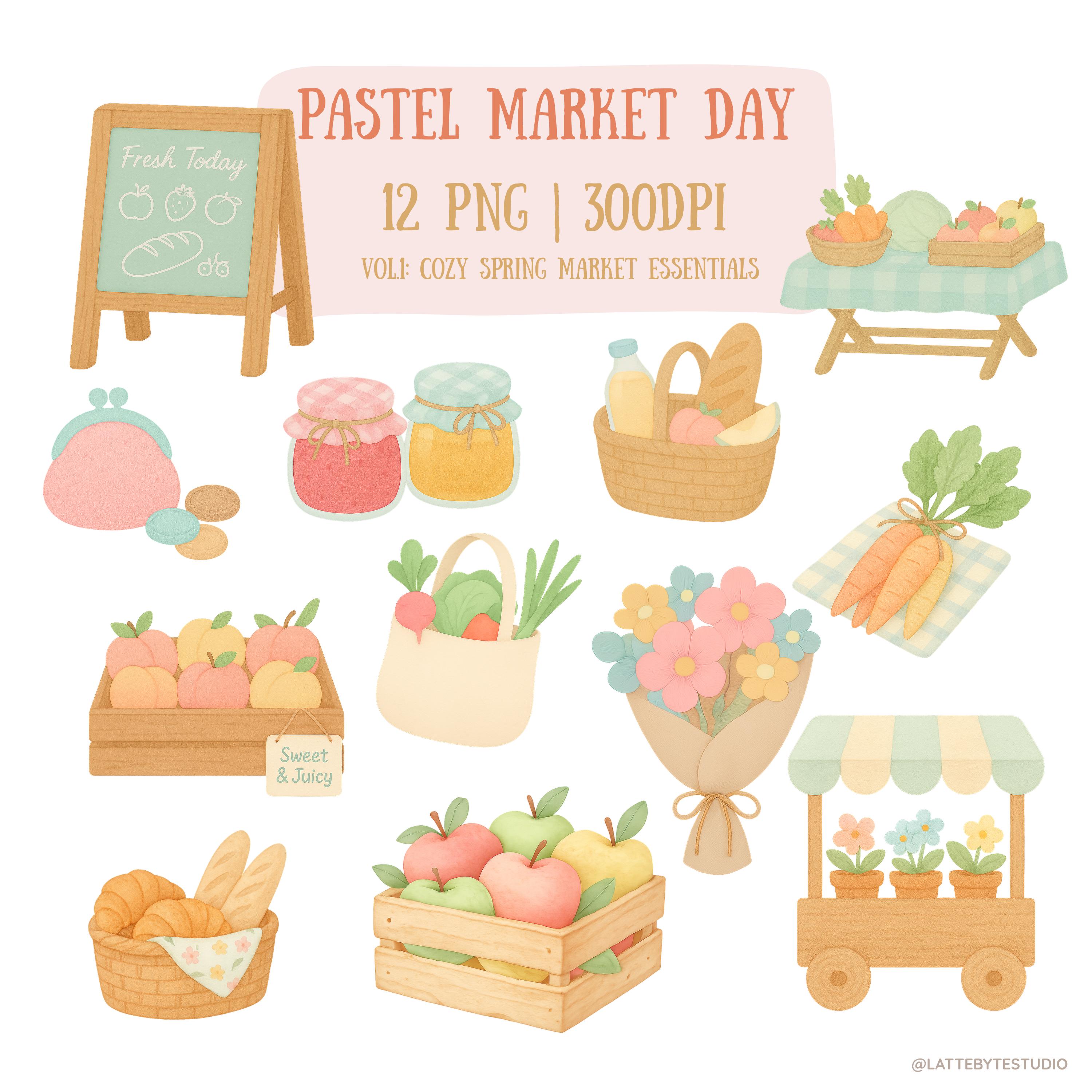 Kawaii Pastel Market Clipart Bundle: Spring Market Pngs (digital ...