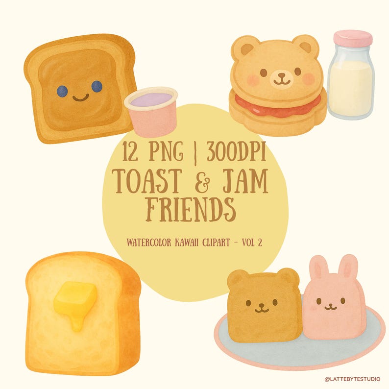 Kawaii Toast Clipart: Watercolor Breakfast Food PNG (digital Download ...
