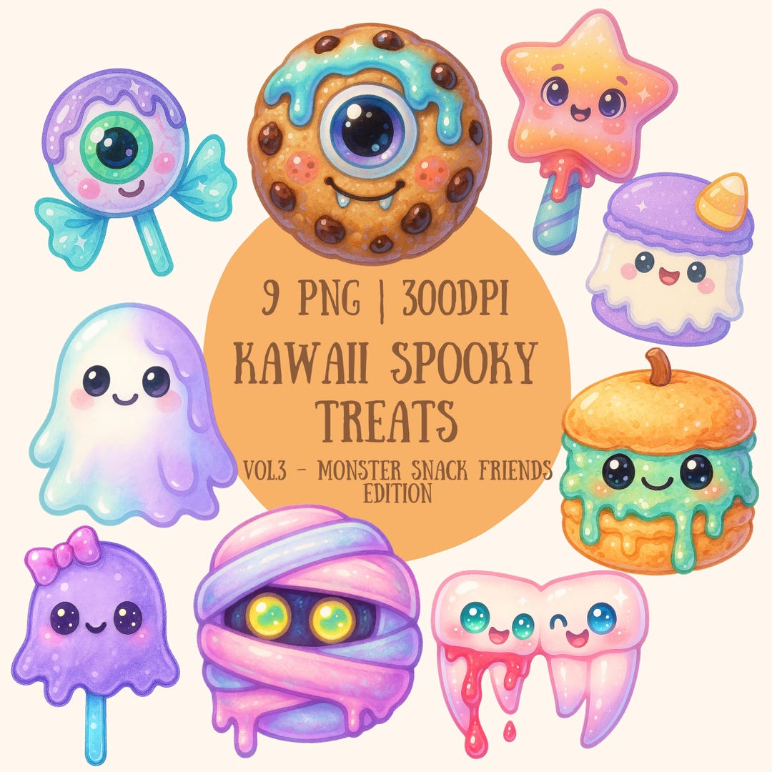 Kawaii Halloween Candy Clipart: Y2K Monster Treats (PNG, Commercial Use ...