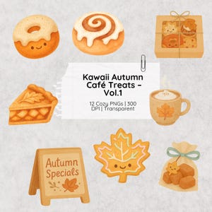 Kawaii Autumn Cafe Treats Clip Art Vol.1 Fall Bakery PNG Watercolor ...