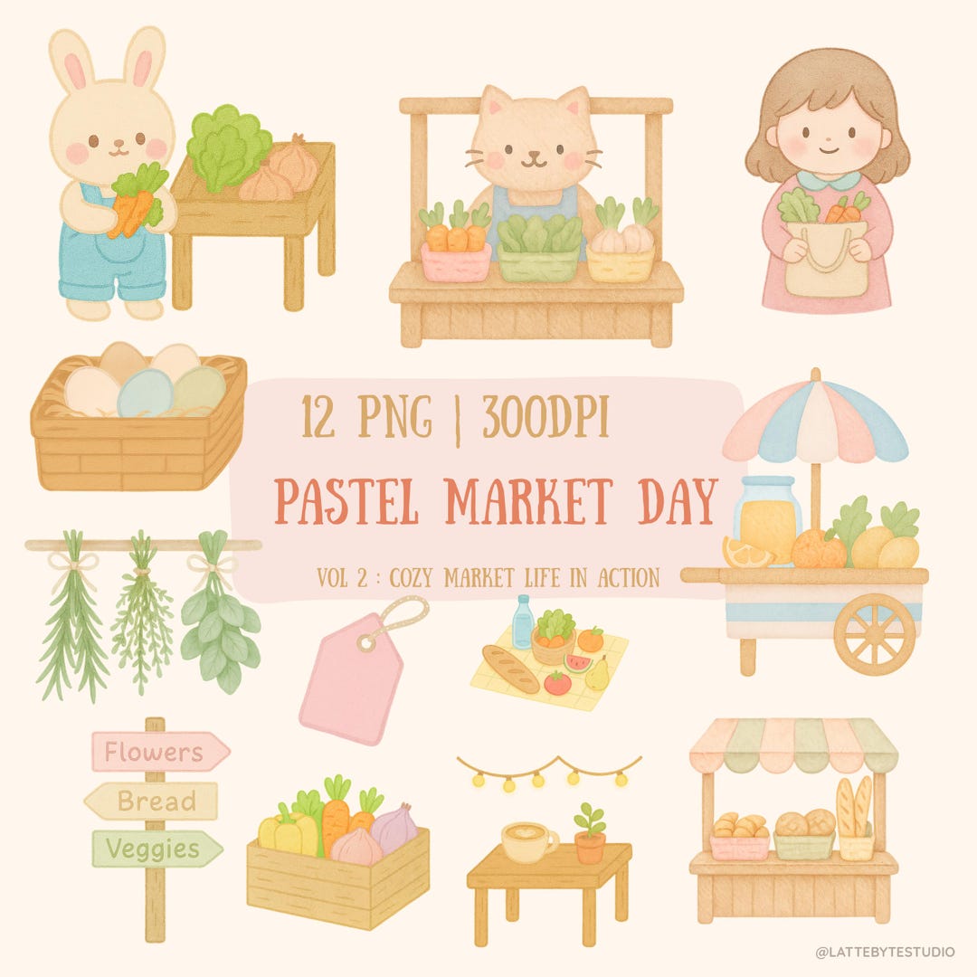 Pastel Farmers Market Clipart: Kawaii Watercolor Stickers (PNG Digital ...