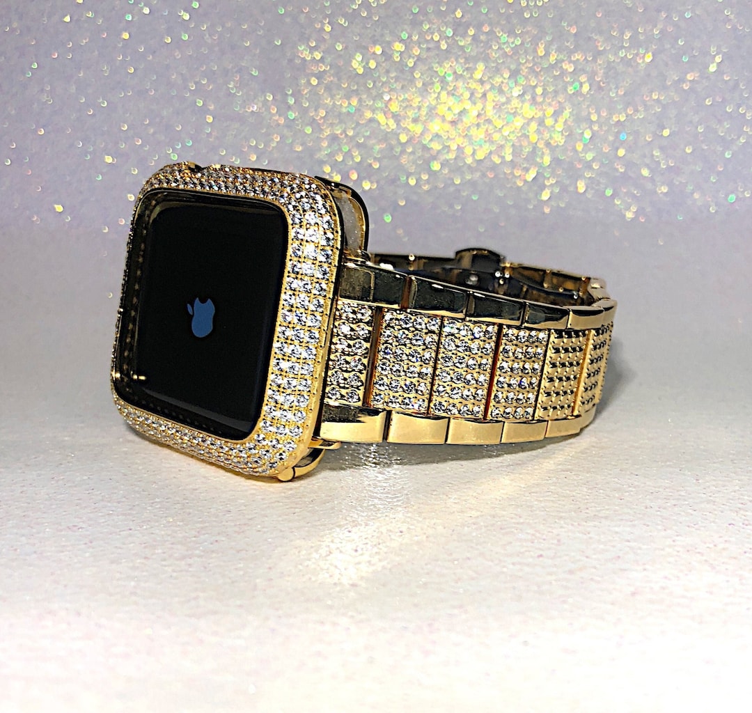 Yellow Gold Diamond Apple Watch Crystal Band and or Lab Diamond Bezel ...