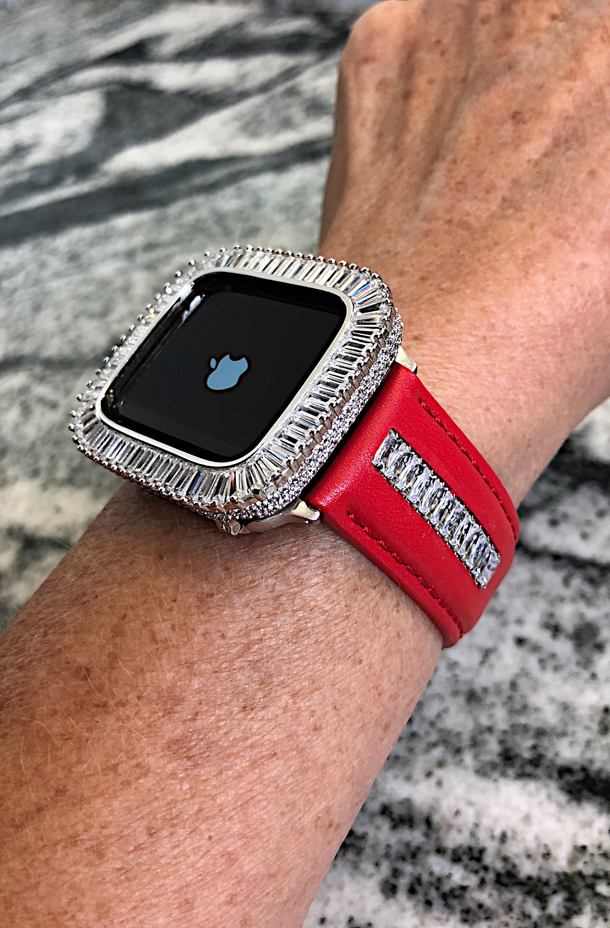 Made With High End Crystals Apple Watch Band Red Leather Baguette Band ...