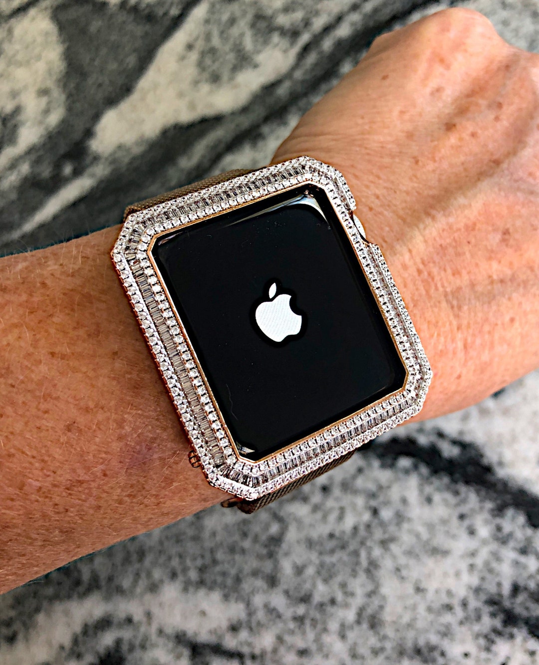 Series 2-8 Rose Gold Bling Baguette Bezel Lab Diamond Apple Watch Case ...