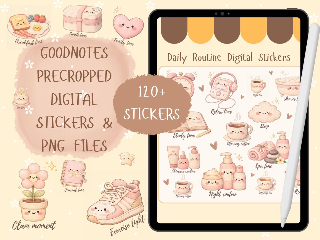 Goodnotes Planner Stickers | 120+ Kawaii Daily Routine Icons (PNG ...
