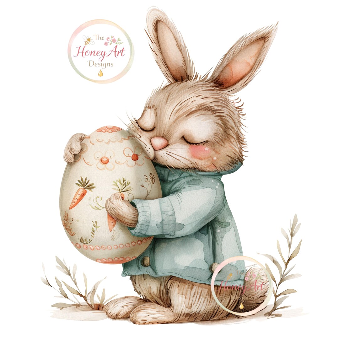 Watercolor Easter Bunny Clipart Bundle, Baby Bunny PNG, Spring Egg ...