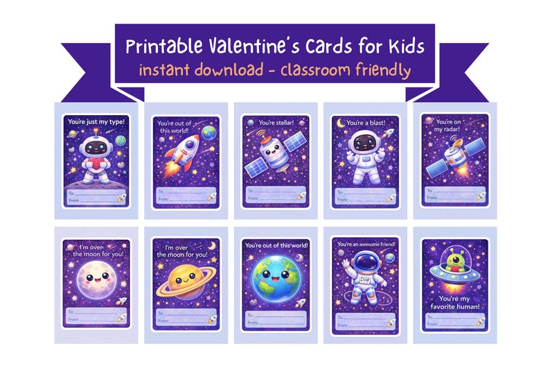 Space Valentine Cards for Kids | Printable Classroom Exchange (pack of ...