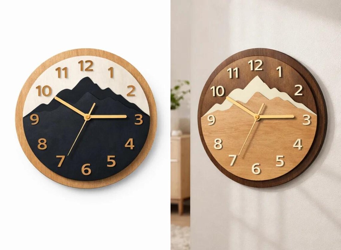 Layered Mountain Wall Clock CNC File | Modern Wooden Clock Laser Cut ...