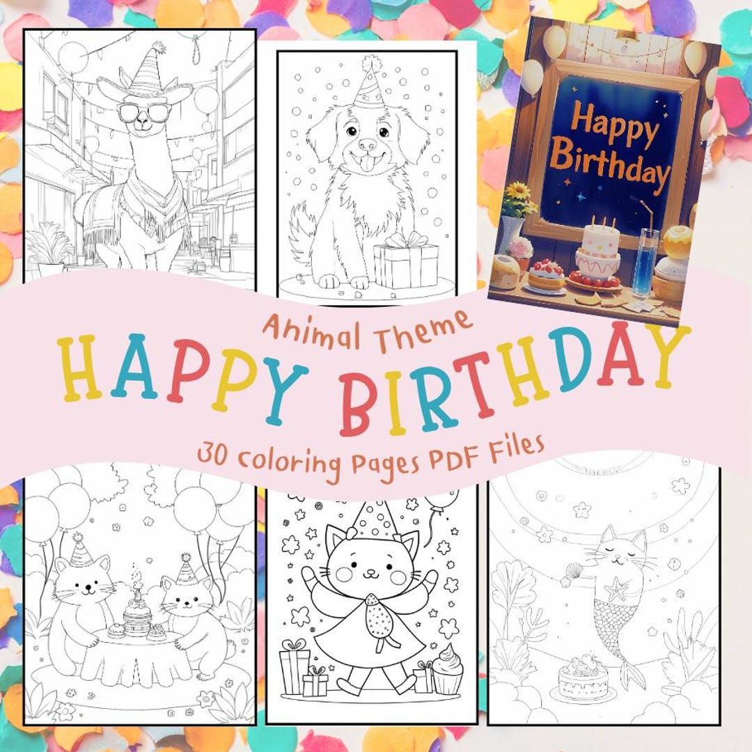 Animal Birthday Coloring Pages: Kids Printable Activity Book (PDF ...