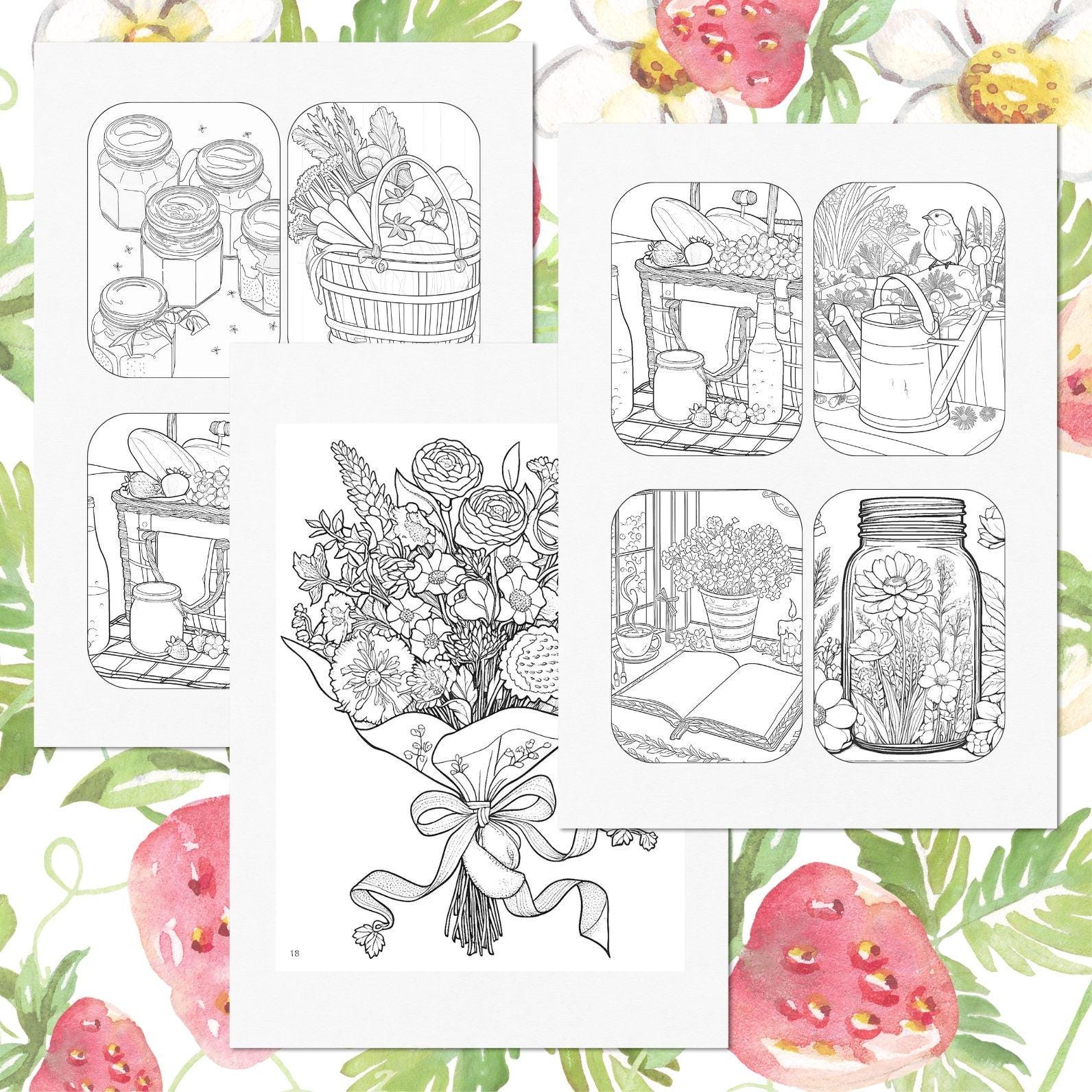 Cottagecore Coloring Pages: Whimsical Nature Scenes (printable PDF, A4 ...