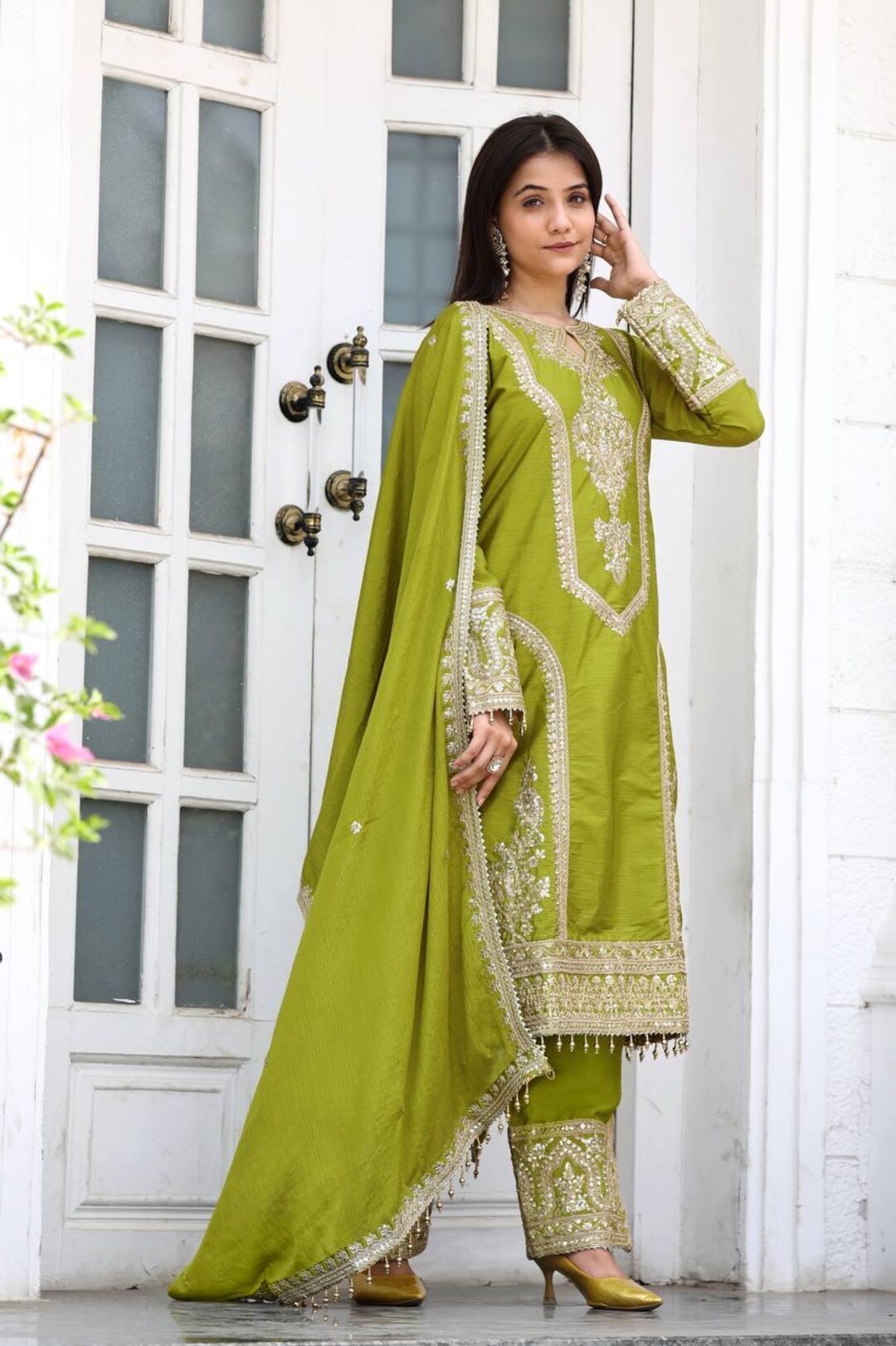 Embroidered Silk Plazo Pant Set: Top, Plazo Pant, Dupatta - Etsy