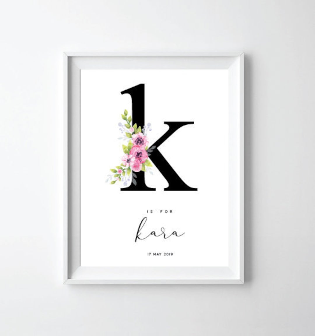 Floral Initial Print, K Poster - Personalized Monogram Custom Letter ...