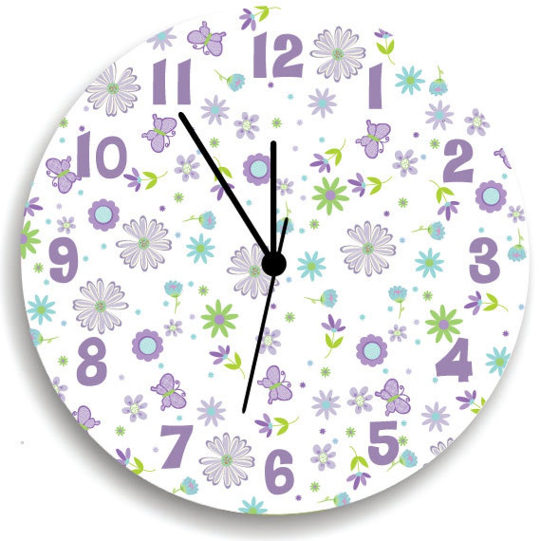Butterfly Garden Party Purple WALL CLOCK for Girls Bedroom, Nursery ...