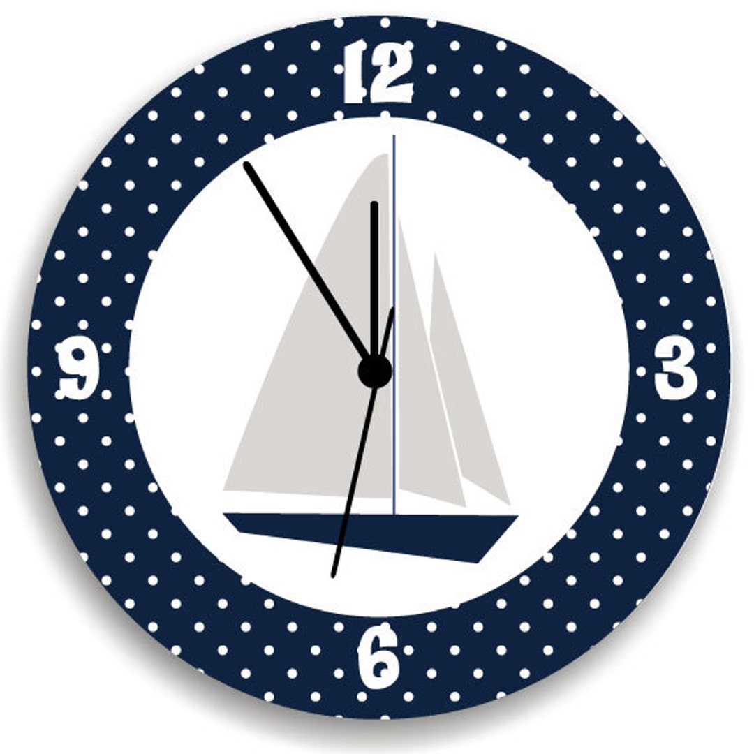 Sail Boat Wall Clock, Nautical Boys Wall Clock, White Polka Dots Kids ...