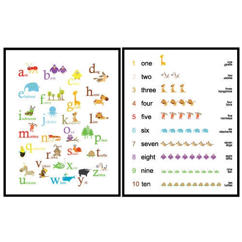 Set of 2 Posters - Art for Kids Room or Nursery - ABC and 123 Animals ...